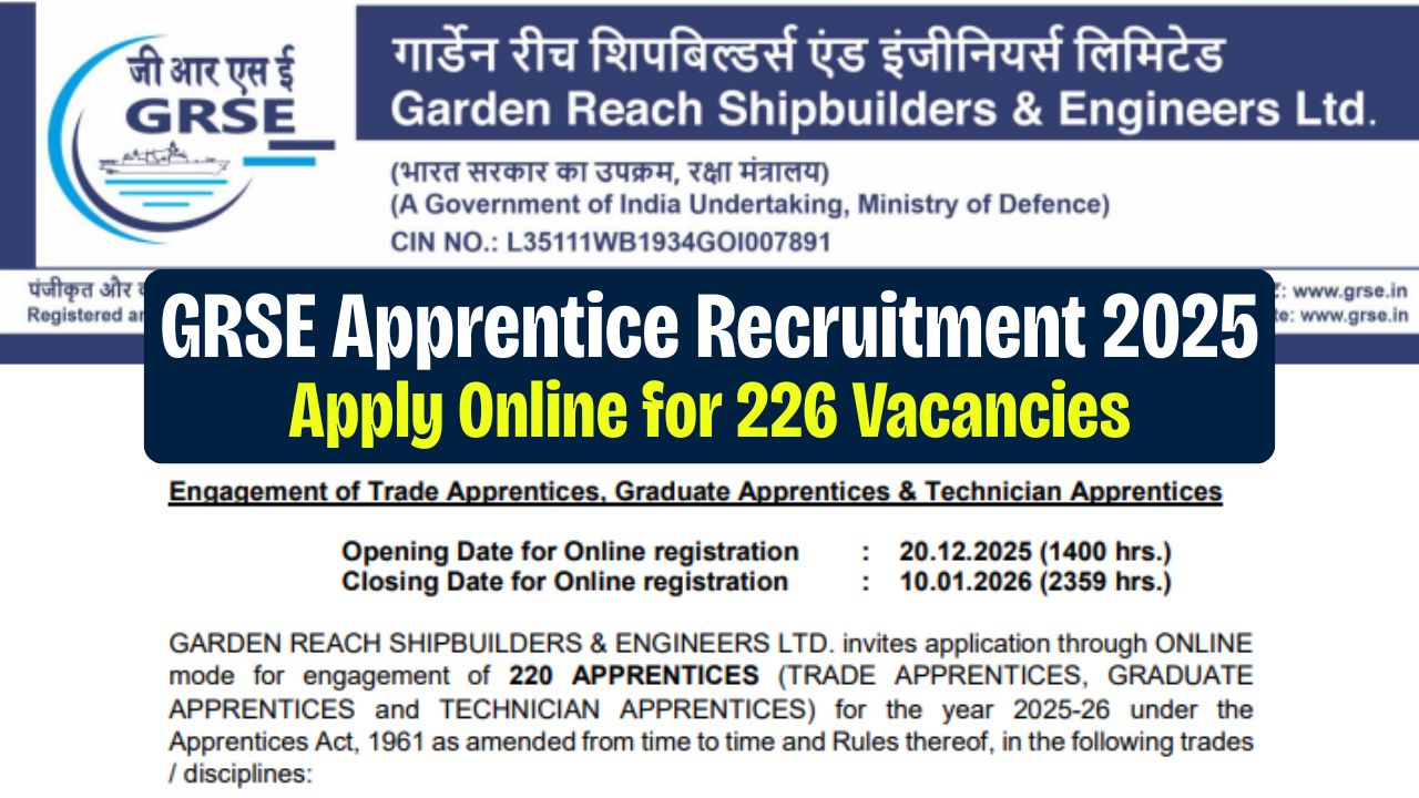GRSE Apprentice Recruitment 2025: 226 Vacancies Notification Out, Apply ...